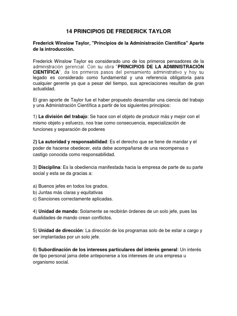 14 Principios de Frederick Taylor | Ciencia | Política