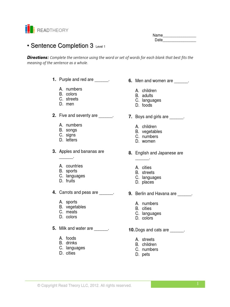 Level 1 Sentence Completion 3 Pdf Edible Plants Vegan Cuisine