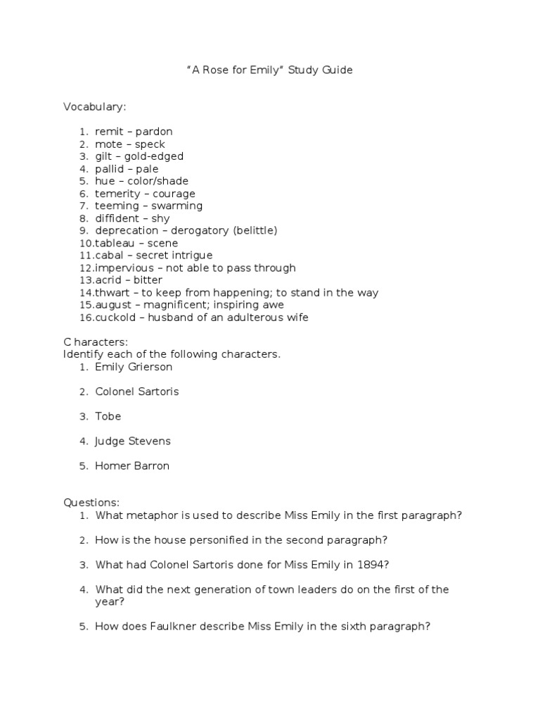 "A Rose For Emily" Study Guide Vocabulary | PDF