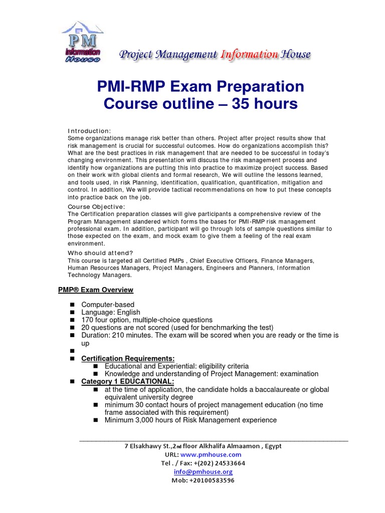 PMI-RMP Exam Preparation Course Outline - 35 Hours | PDF | Risk ...
