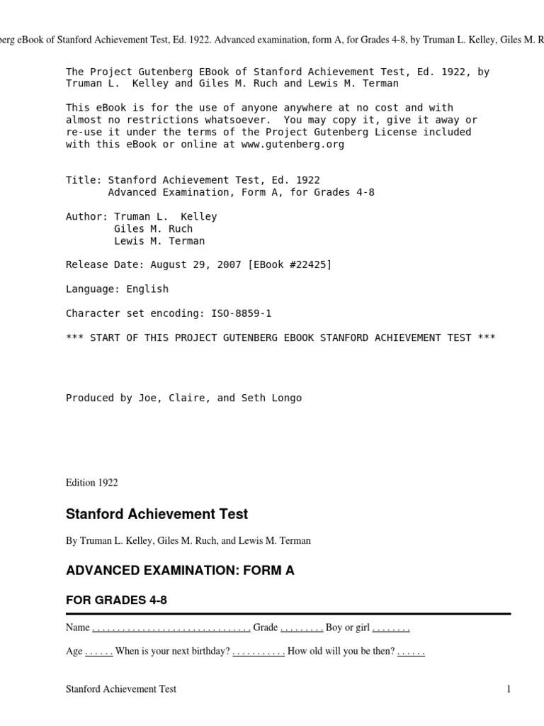 Stanford Achievement Test, Ed. 1922advanced Examination, Form A, For ...