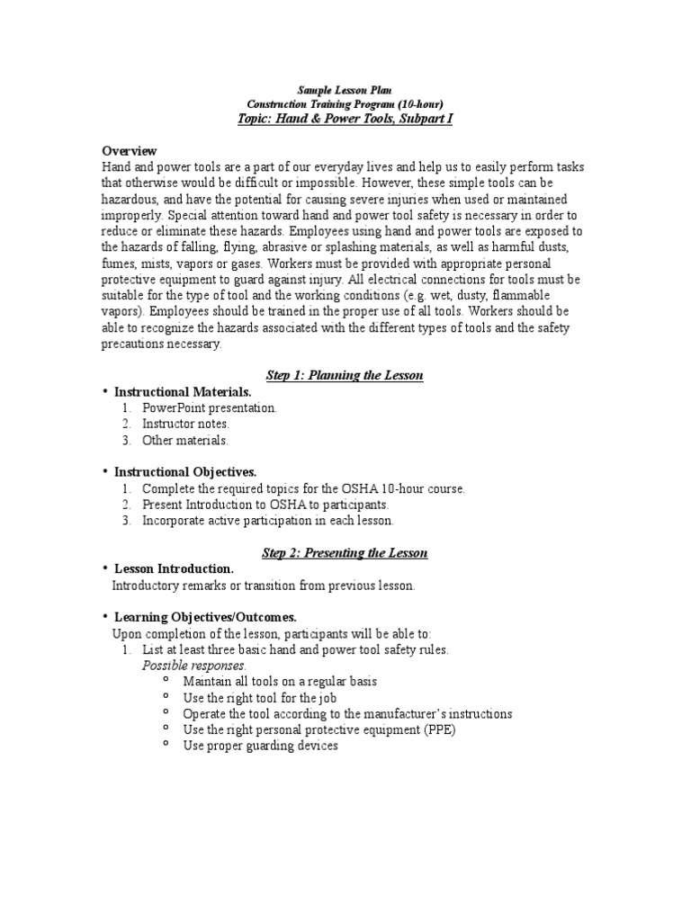 Topic: Hand & Power Tools, Subpart I: Sample Lesson Plan Construction ...