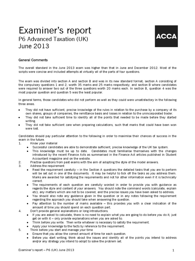 P6 ACCA Examiner Report | PDF | Capital Gains Tax | Taxes