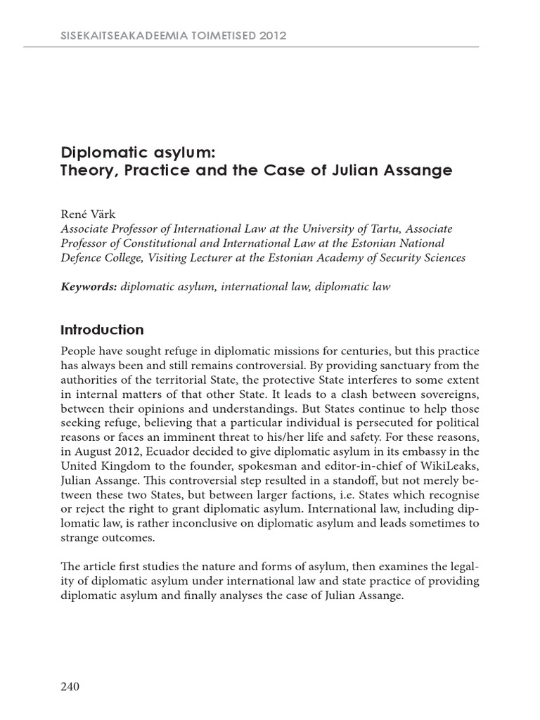 Diplomatic Asylum: Theory, Practice and The Case of Julian Assange | PDF | Julian Assange | Refugee