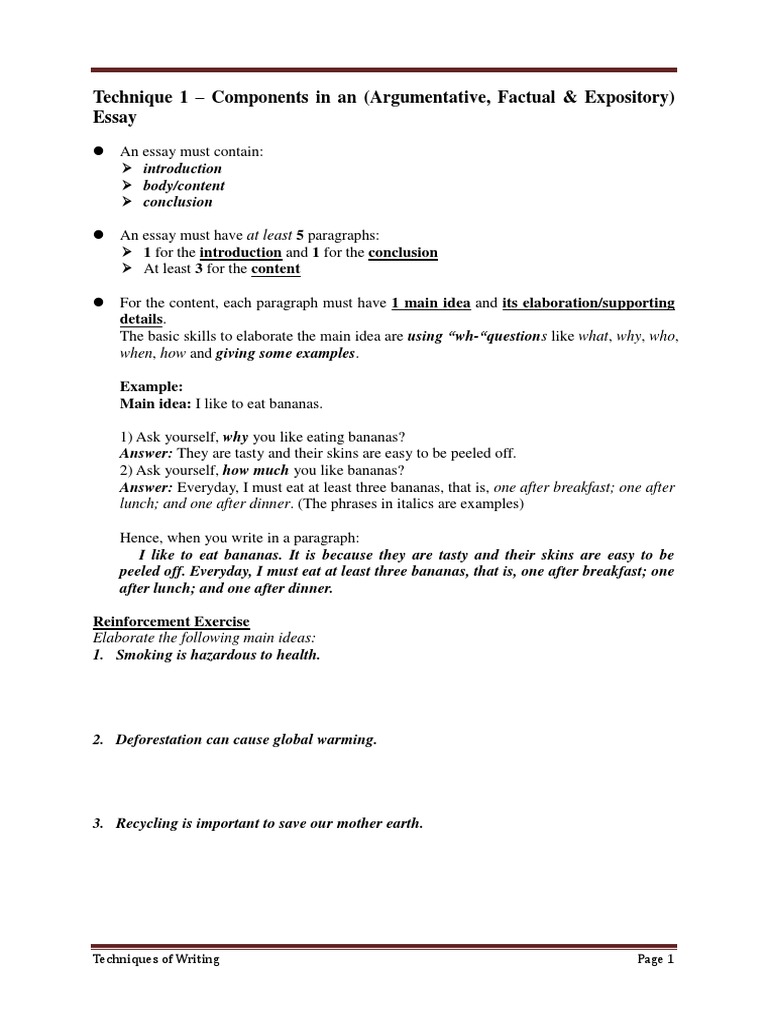 Technique 1 - Components in An (Argumentative, Factual & Expository ...