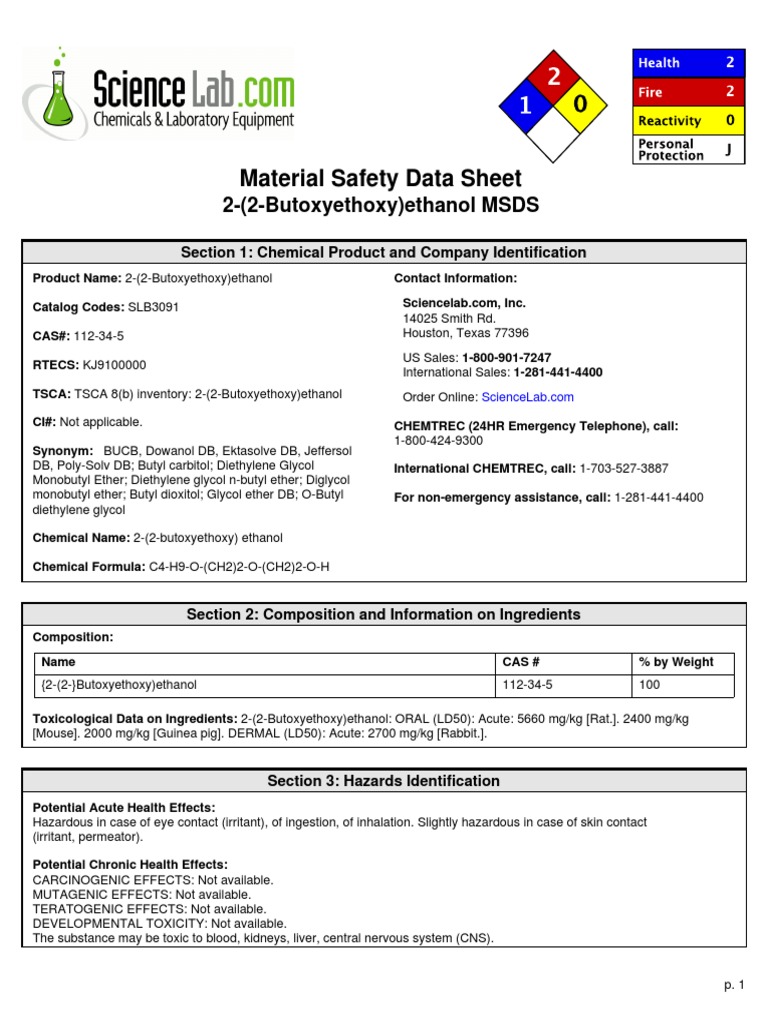 Material Safety Data Sheet: 2 - (2-Butoxyethoxy) Ethanol MSDS | PDF ...