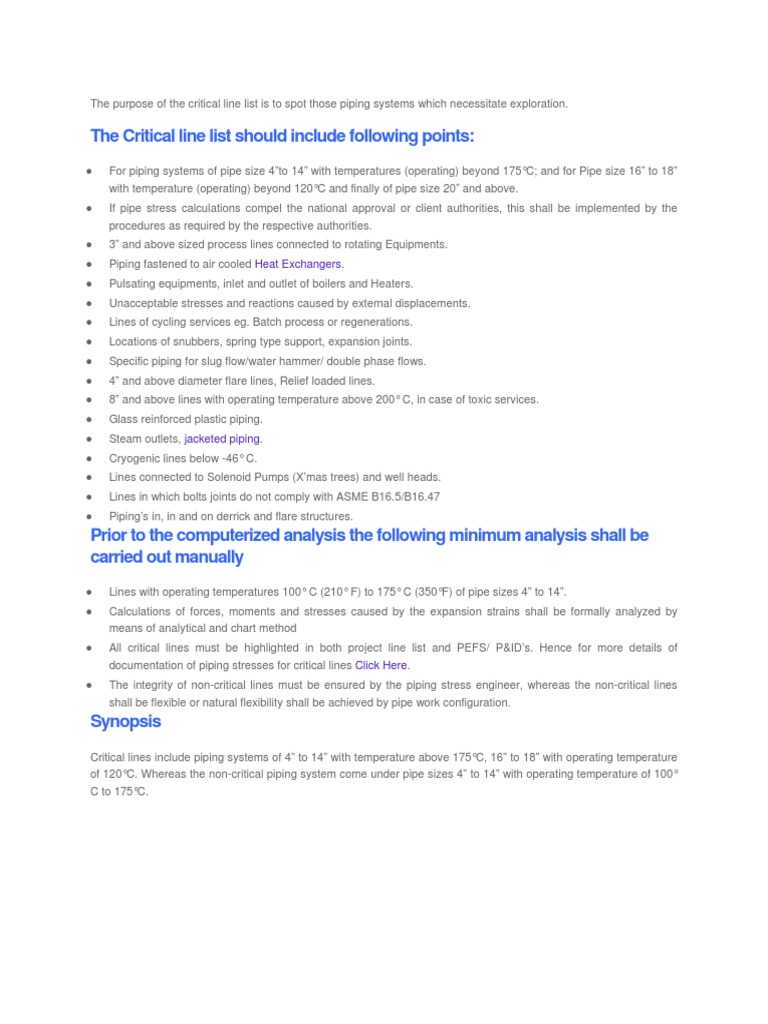 Critical Line List for Piping Systems | PDF
