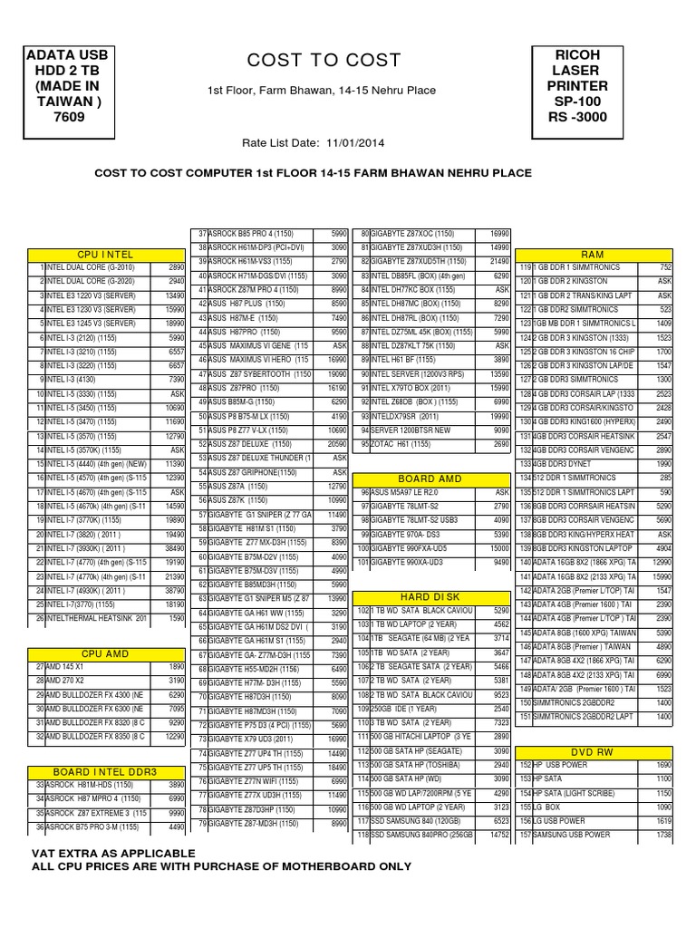 Cost to Cost Price List 2024 | PDF
