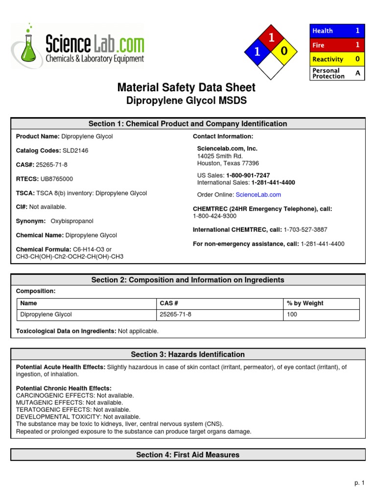 Material Safety Data Sheet: Dipropylene Glycol MSDS | PDF | Toxicity ...