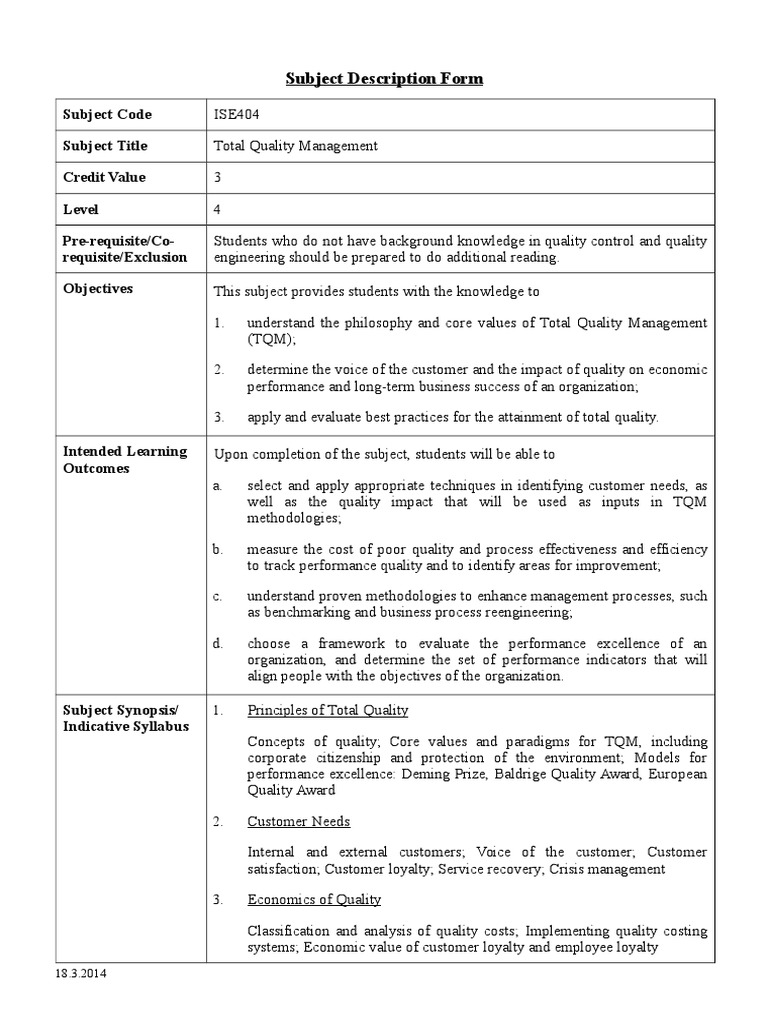 Subject Description Form: Subject Code Subject Title Credit Value Level ...