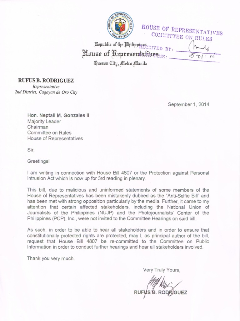 Letter of Cong. Rufus Rodriguez | PDF
