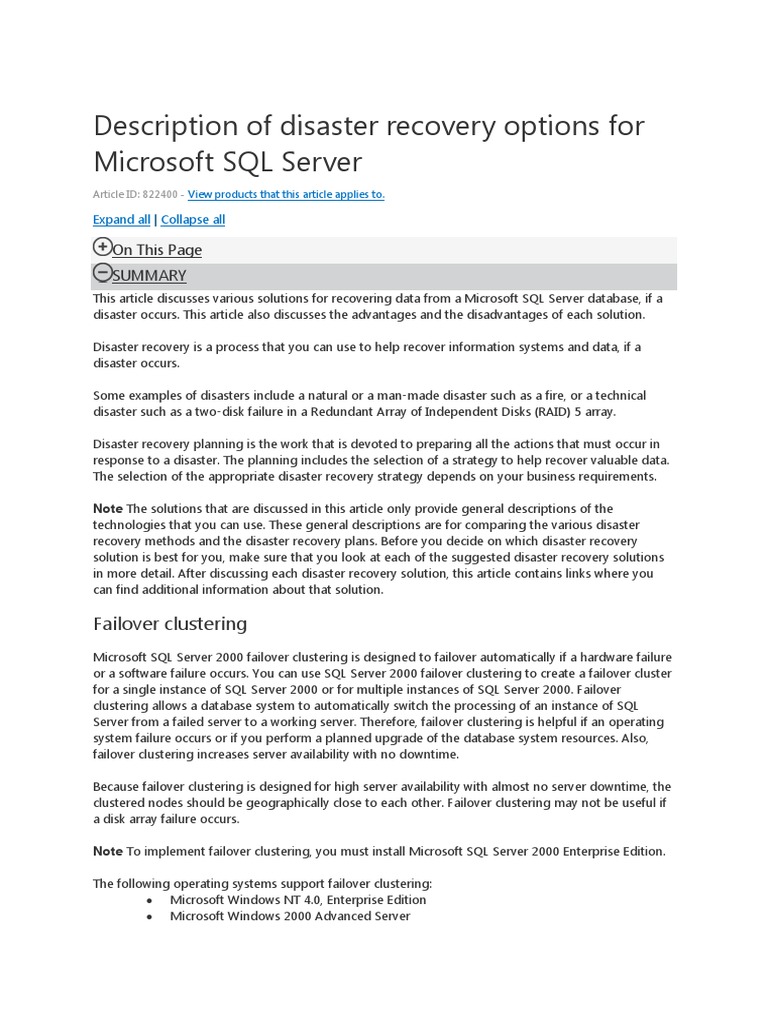 Disaster Recovery Options For Microsoft SQL Server | PDF | Replication ...