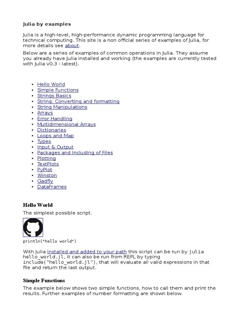 Julia by Example | PDF | String (Computer Science) | Computer Programming
