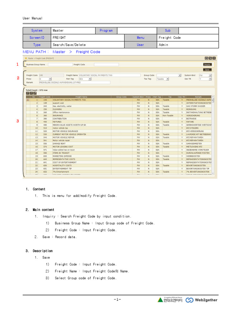 Menu Path: Master Freight Code: System Program Sub Screenid Menu Type ...