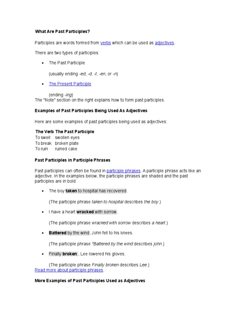 What Are Past Participles - Selection | PDF | Perfect (Grammar ...