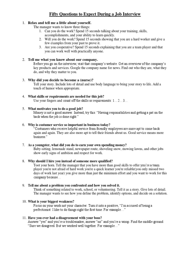 Fifty Questions To Expect During A Job Interview | PDF