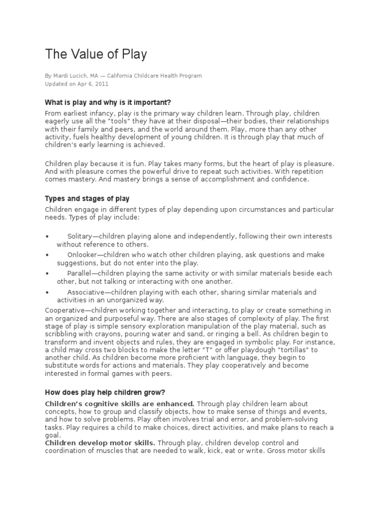 The Value of Play: What Is Play and Why Is It Important? | PDF ...