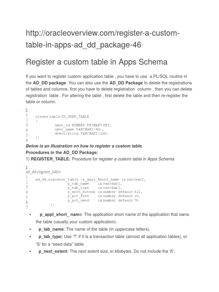 Register A Custom Table in Apps Schema | PDF | Table (Database) | Databases