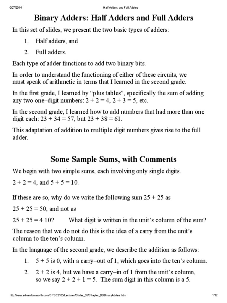 Binary Adders: Half Adders and Full Adders | PDF | Subtraction | Numbers