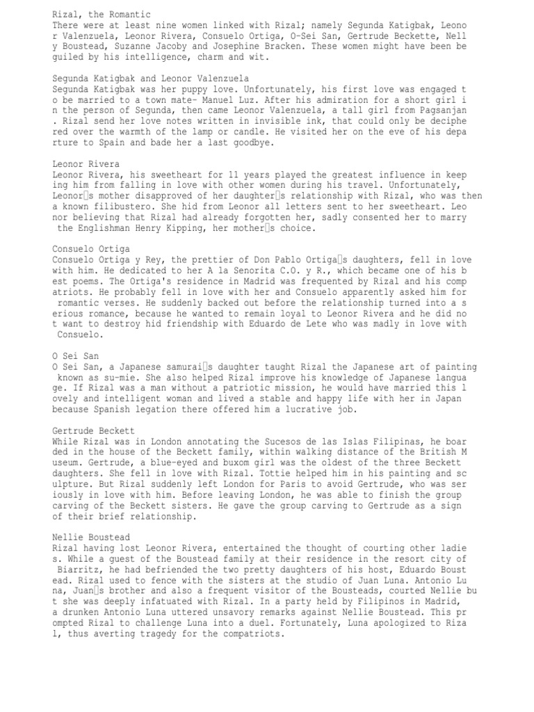 Rizal's Love Life | PDF | Philippines