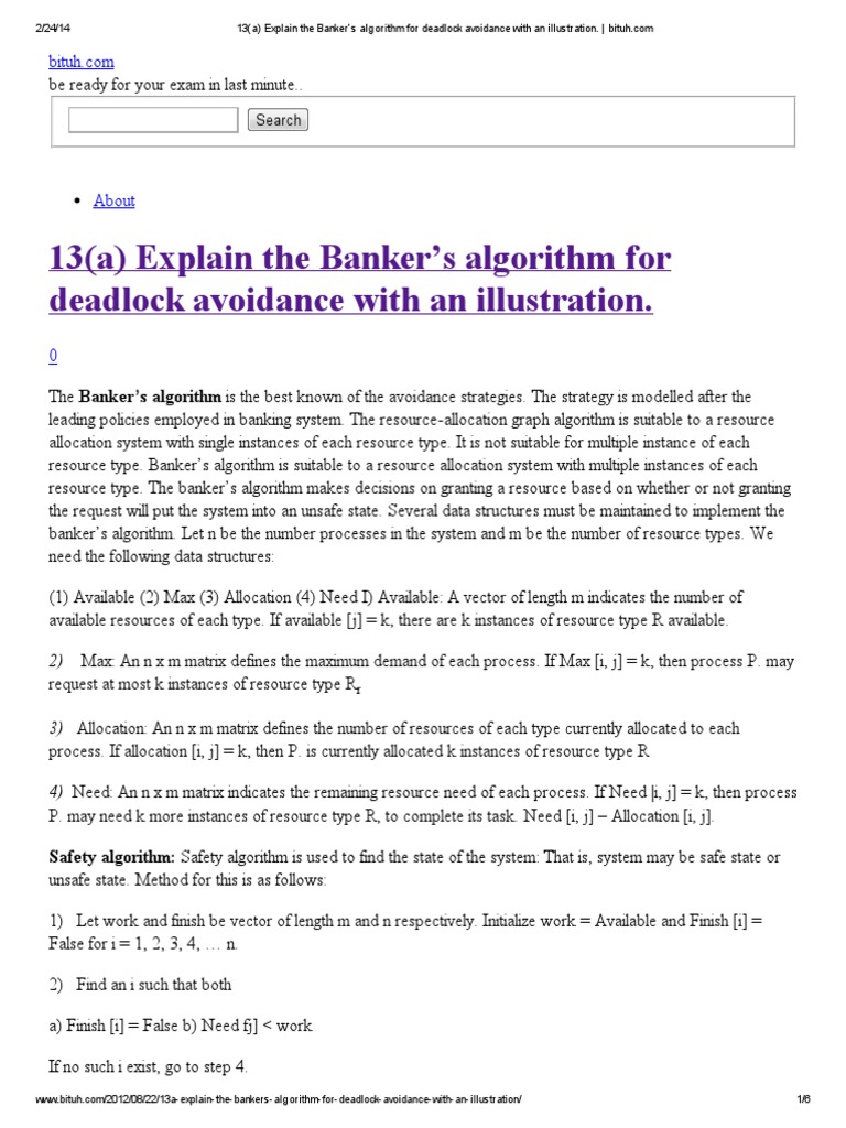 13 (A) Explain The Banker's Algorithm For Deadlock Avoidance With An Illustration. - Bituh ...