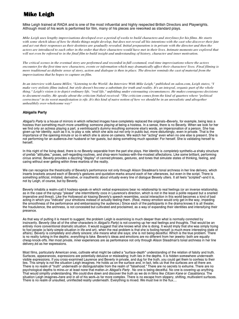 Mike Leigh's Improvisational Techniques for Capturing Authentic ...