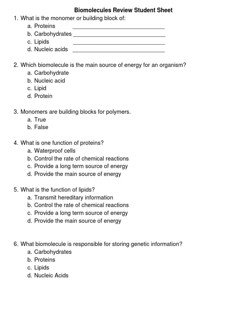 Biomolecules Review Student Sheet | PDF | Wellness | Science & Mathematics