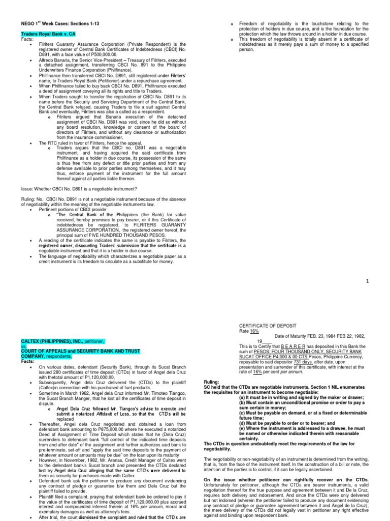 NEGO - Casedigest - 1st - 2nd Week | PDF | Negotiable Instrument | Cheque