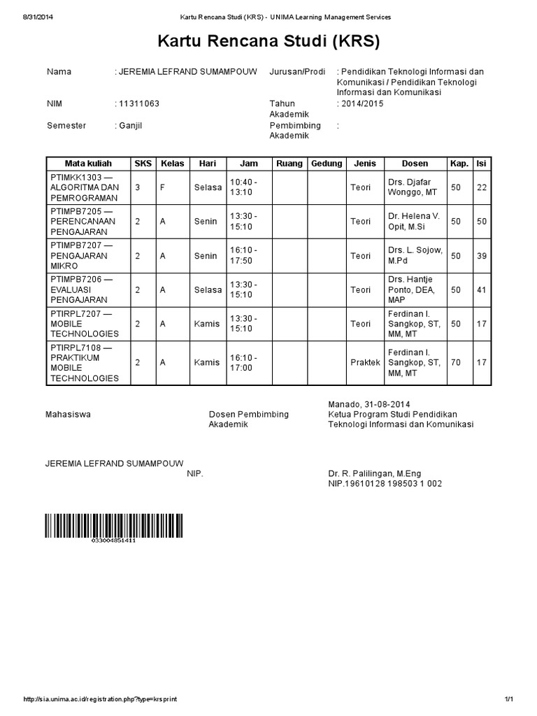 Kartu Rencana Studi (KRS) - UNIMA Learning Management Services PDF | PDF | Sains & Matematika