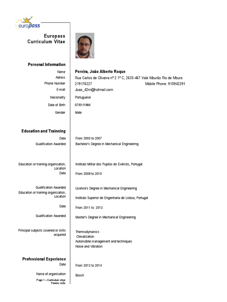 Europass Curriculum Vitae: Personal Information Pereira, João Alberto ...