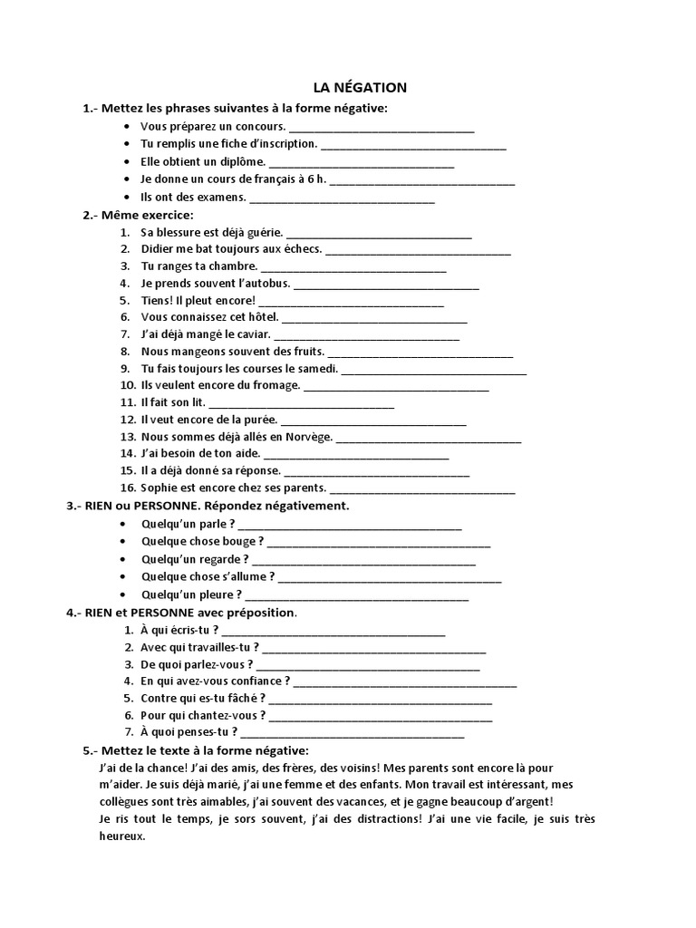 Exercices sur la négation en français | PDF | Question
