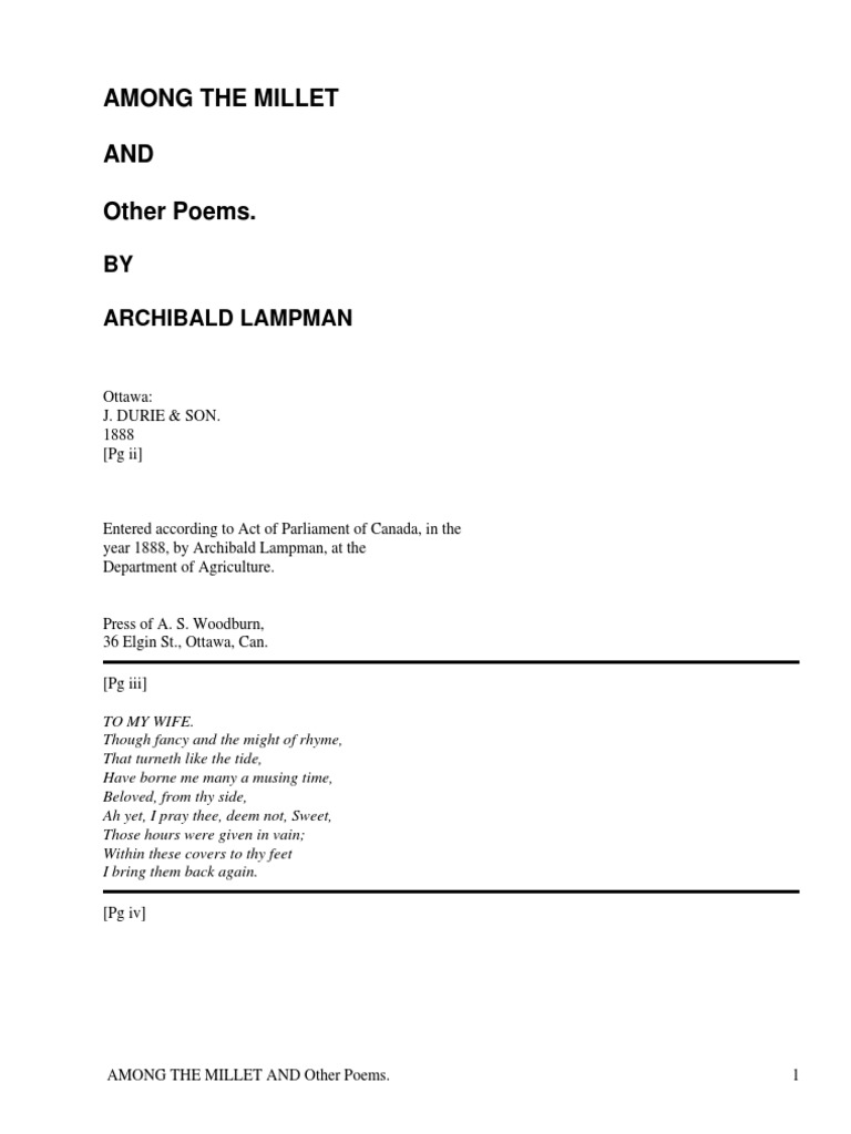Among The Millet and Other Poems by Lampman, Archibald, 1861-1899 | PDF | Nature