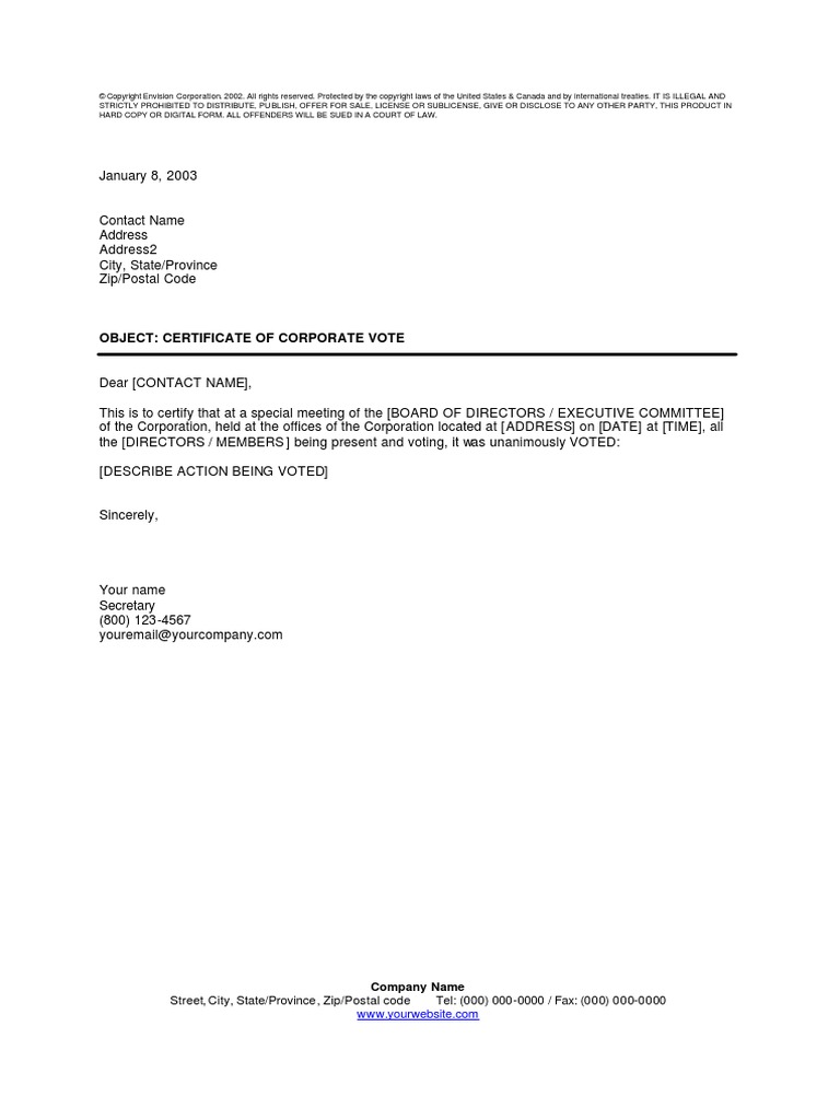 Certificate of Corporate Vote | PDF | Law