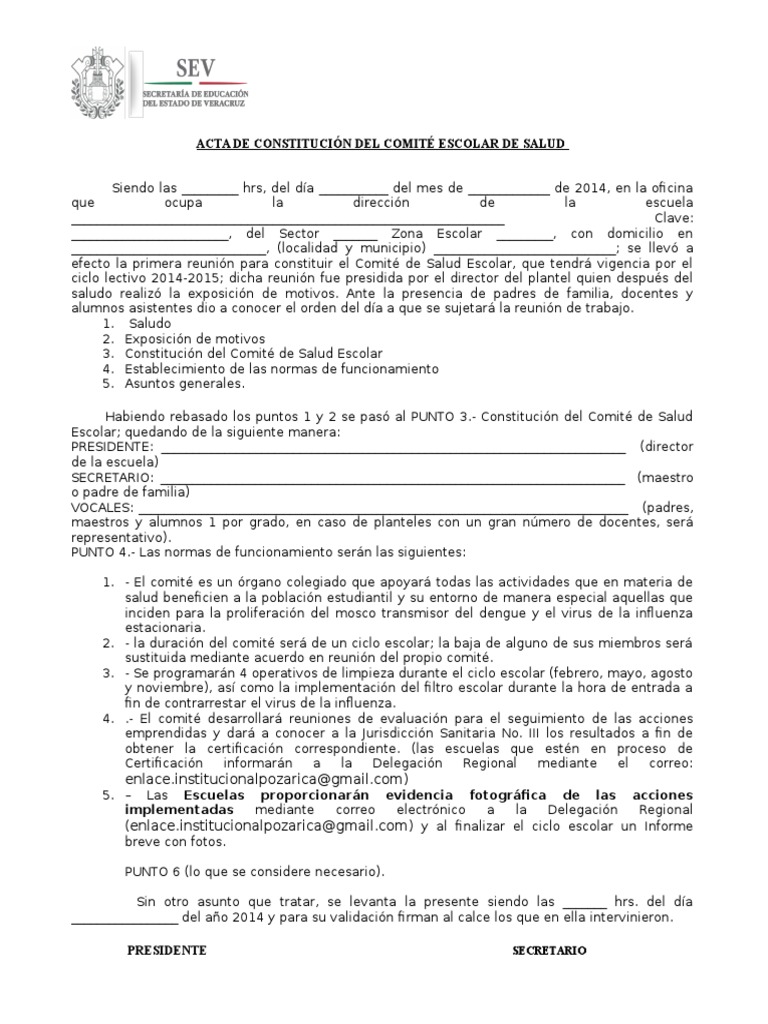 Acta Comite Escolar de Salud 2014-2015 | PDF