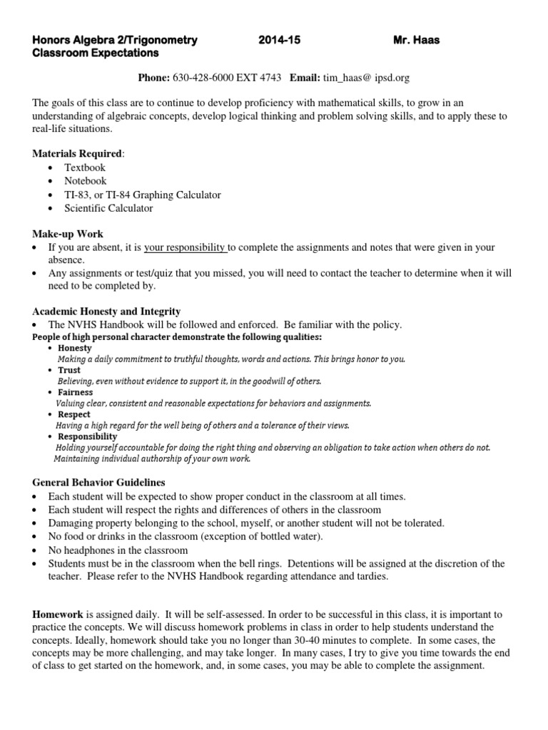 Honors Algebra 2 Trig Syllabus | PDF | Homework | Teaching Mathematics