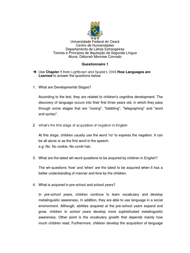 Questionnaire 1 | PDF | Language Acquisition | Communication