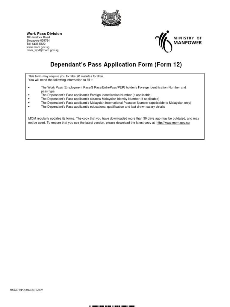 Dependant's Pass Application Form (Form 12) | PDF