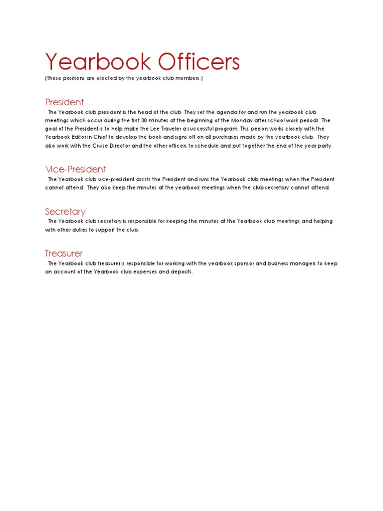 Yearbook Club Officer Roles Explained | PDF | Career & Growth | Self ...