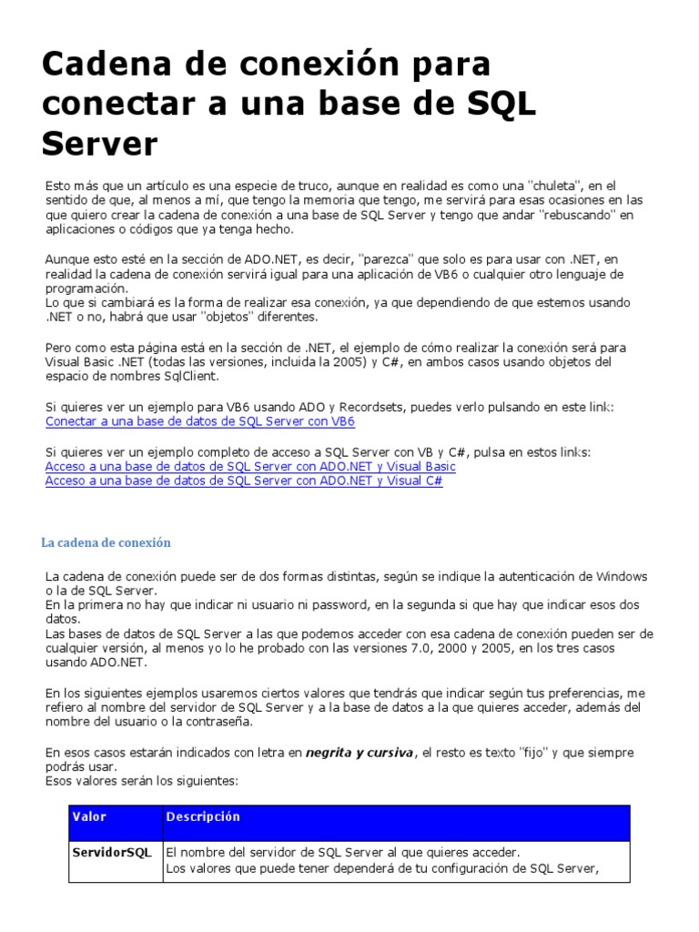 Cadena de Conexion para Conectar A Una Base de SQL Server | PDF | Servidor SQL de Microsoft ...
