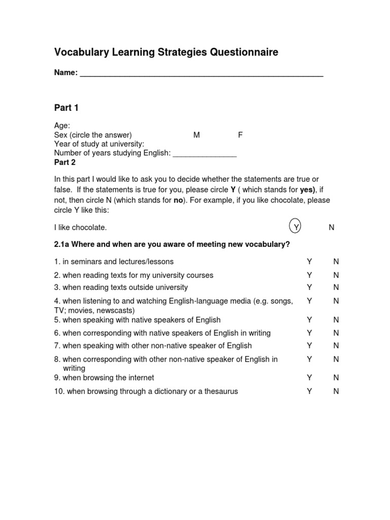 Vocabulary Learning Strategies Questionnaire | Vocabulary | Dictionary