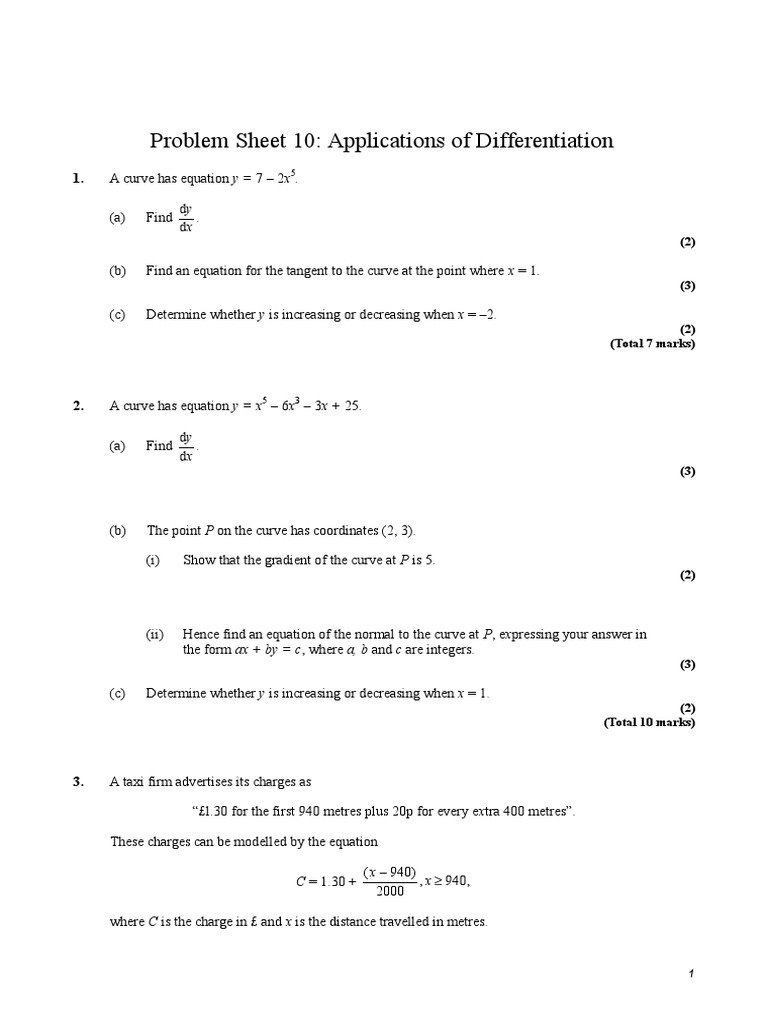 Problem Sheet 10 Applications of Differentiation | PDF