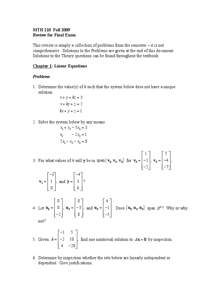 MTH 210 Fall 2009 Review For Final Exam: Problems | PDF | Linear ...
