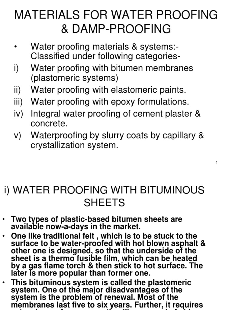 Materials For Water Proofing & Damp-Proofing | PDF | Asphalt | Concrete