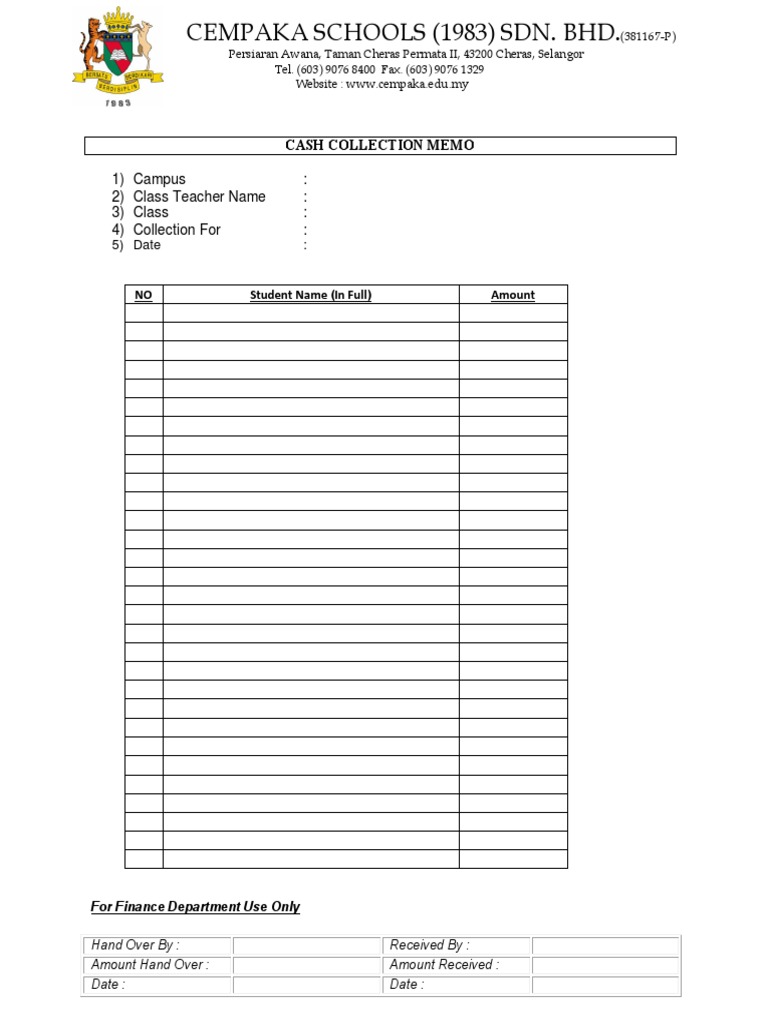 Cempaka Schools Cash Collection Memo | PDF