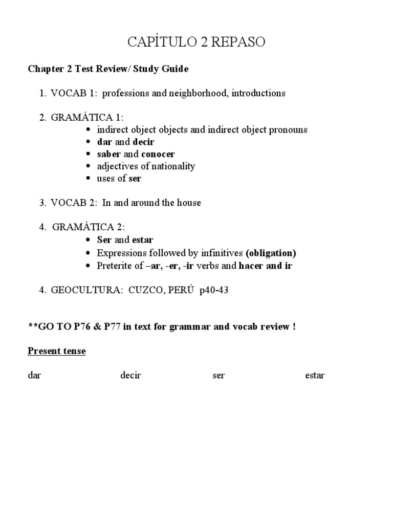 Capítulo 2 Repaso: Chapter 2 Test Review/ Study Guide | PDF