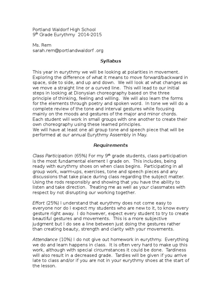 9th Grade Eurythmy Syllabus 2014-15 | PDF