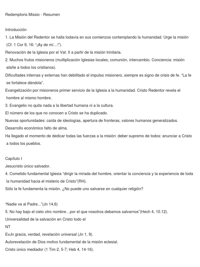 Redemptoris Missio - Resumen | PDF | Misionero | Cristo (título)