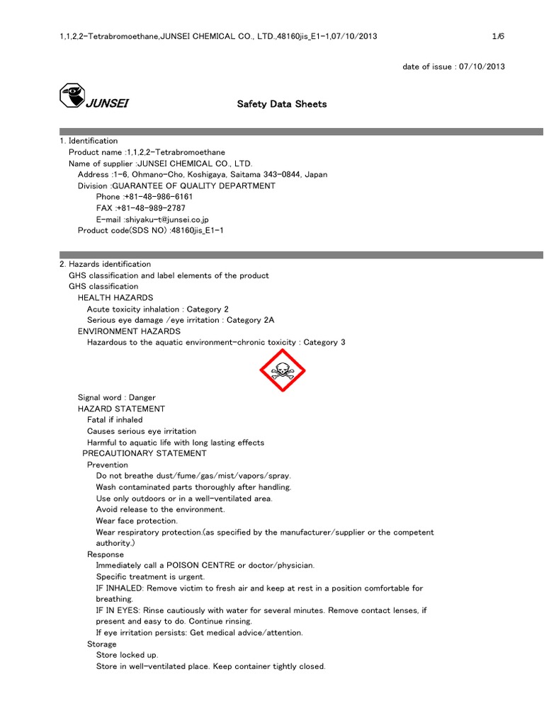 Safety Data Sheet for 1,1,2,2-Tetrabromoethane: A Comprehensive Guide ...