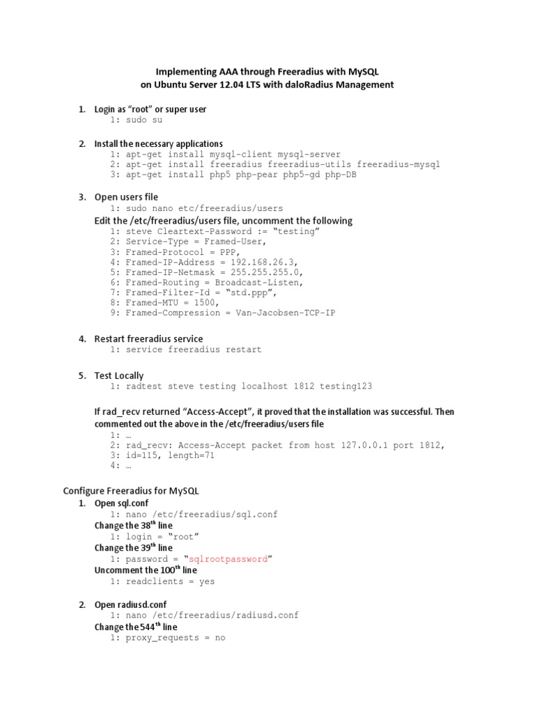 Implementing AAA Through Freeradius With MySQL On Ubuntu Server 12 | PDF | Superuser | Sql