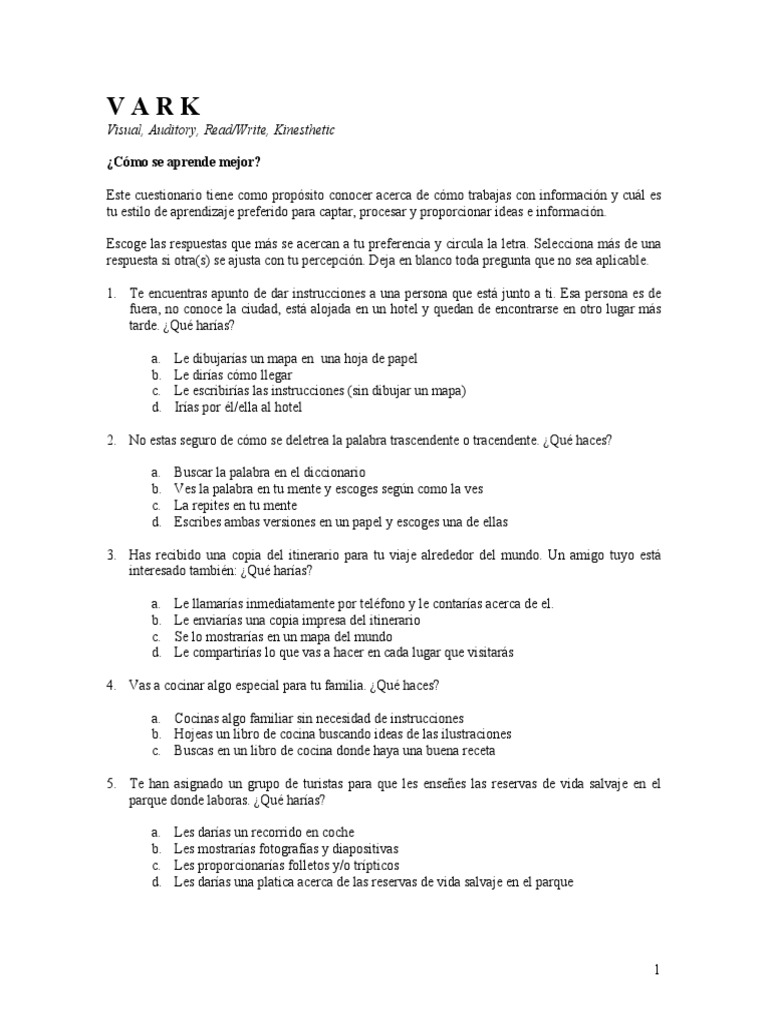 Cuestionario VARK: Descubre tu Estilo de Aprendizaje | PDF | Libros | Mapa